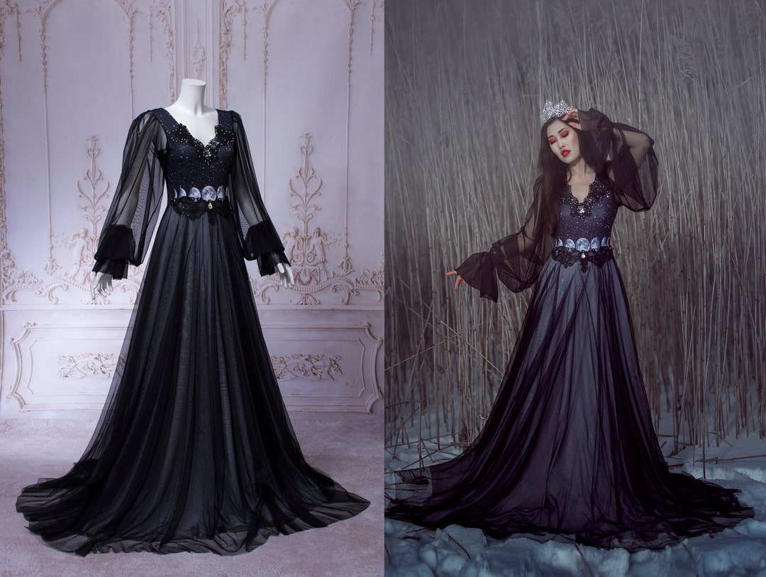 Black Moon Silver Dress Wedding Gown Phases Gothic Bell Sleeves Maxi ...