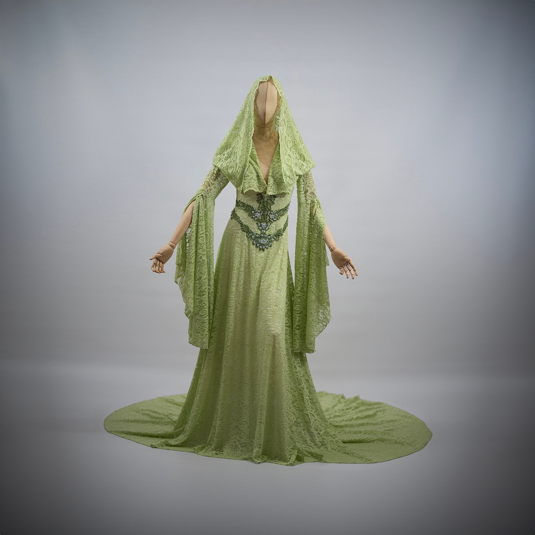Elven Green Wedding Dress With Beaded Lace Appliqués, Hand Dyed Fantasy ...
