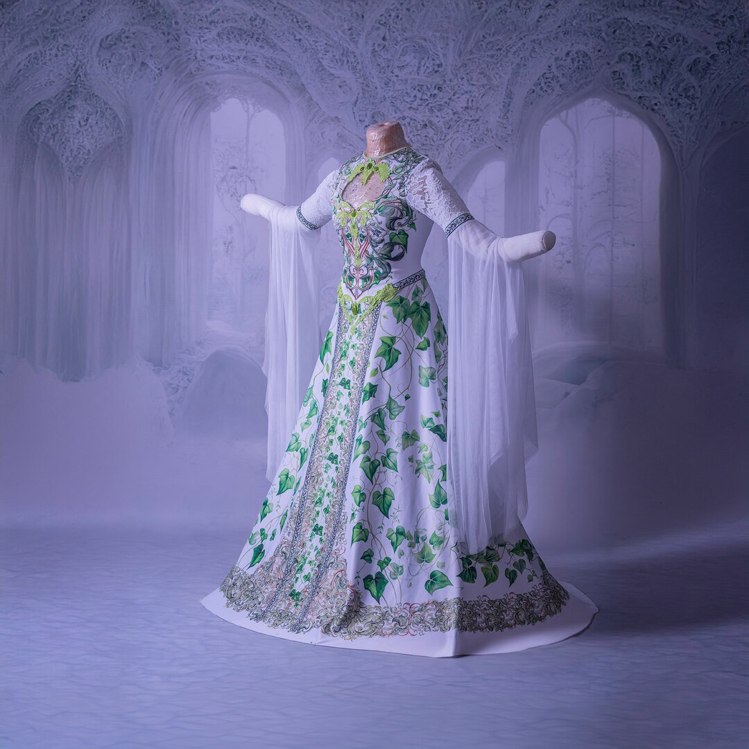 Elven Ivy Wedding Dress With Long Draped Sleeves, Botanical Print Fairy ...