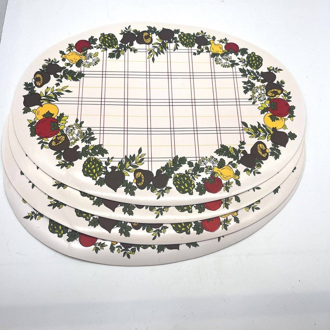 Vintage Gold Circle Stores Plastic Oval Placemats Mushrooms Vegetables ...