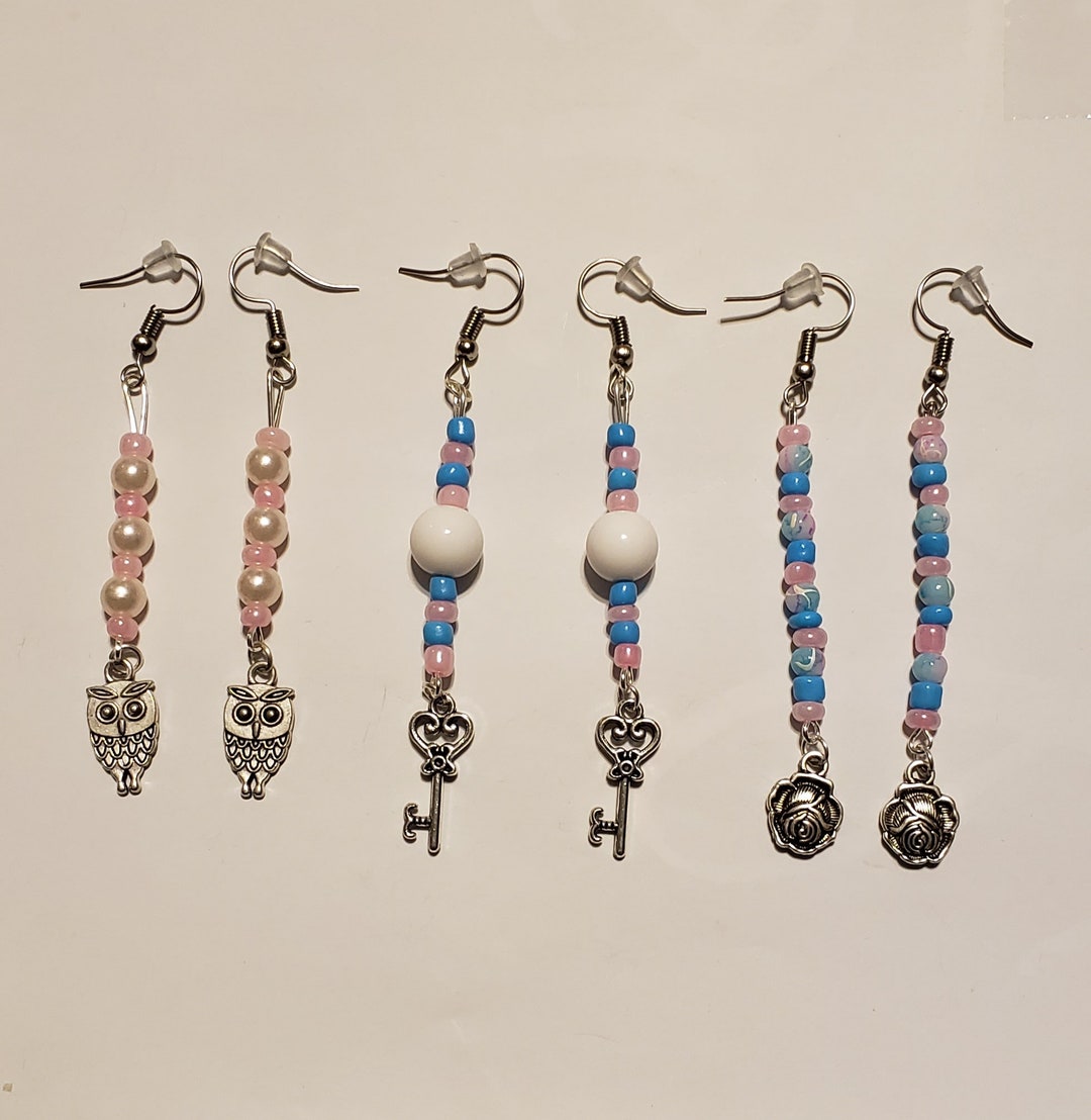 3 Earring Set Dangle Earrings Pink Blue Silver Three Pairs Owl Rose Key ...