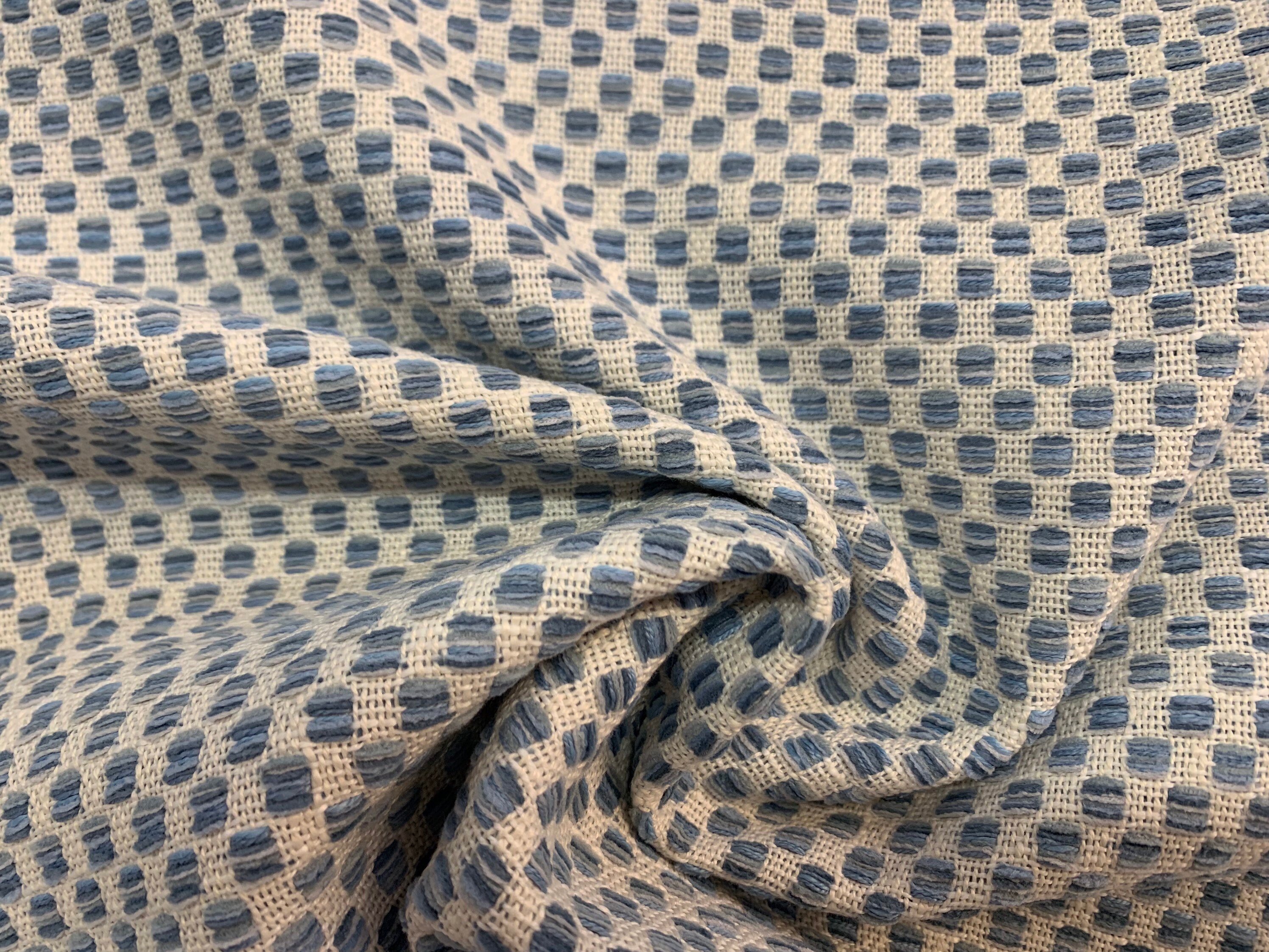 Checkers Pale Blue and White Chenille Squares Crypton Coated Upholstery ...