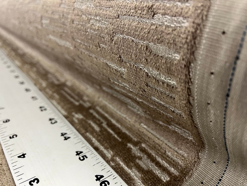 Linear Taupe and Tan Velvet Crypton Coated. Upholstery Fabric by the ...