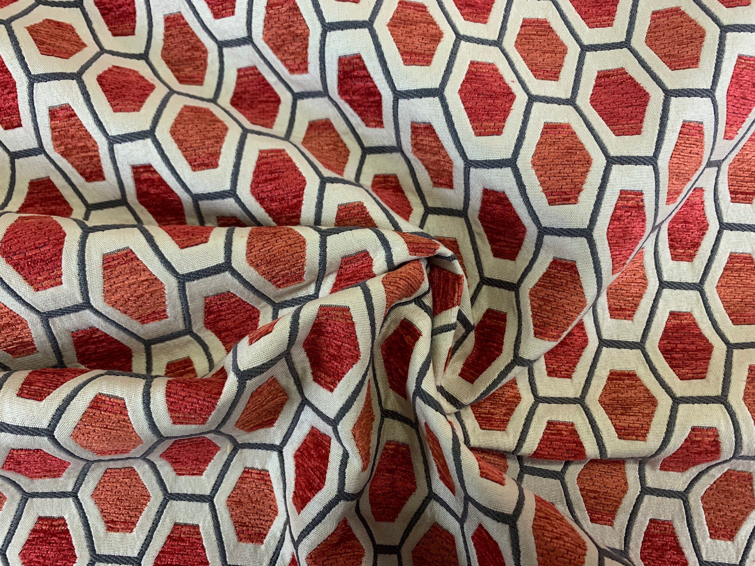 Quilted Hexagon Pattern Red/orangechenille Crypton Coated Upholstery ...
