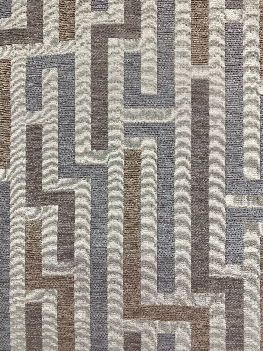 Greek Key Beige, Gold, Gray Chenille Crypton Coated Upholstery Fabric ...