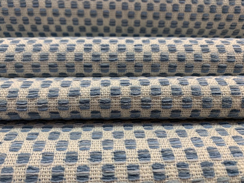 Checkers Pale Blue and White Chenille Squares Crypton Coated Upholstery ...