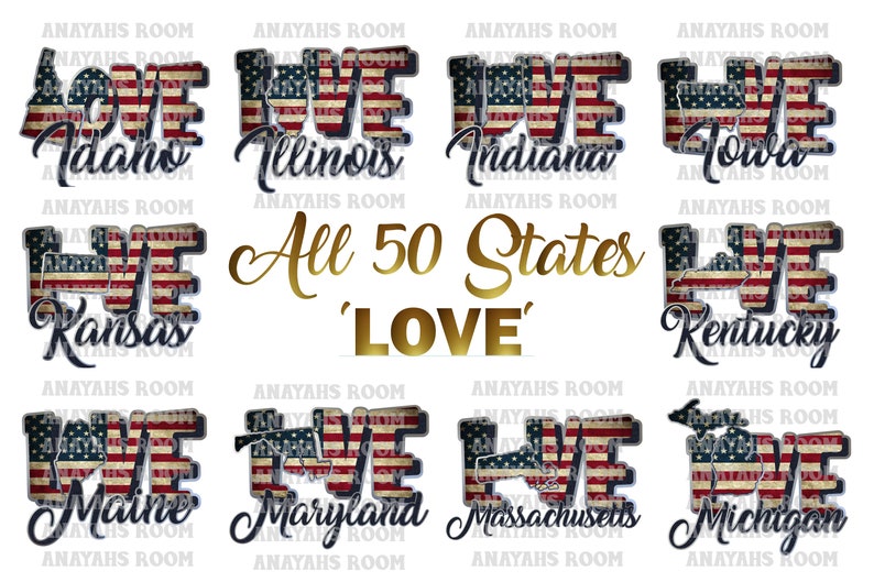 50 STATE LOVE BUNDLE State Map With Flag Digital Jpeg and Png - Etsy