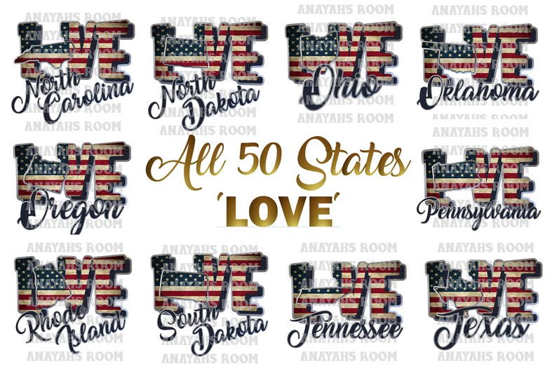 50 STATE LOVE BUNDLE State Map With Flag Digital Jpeg and Png - Etsy