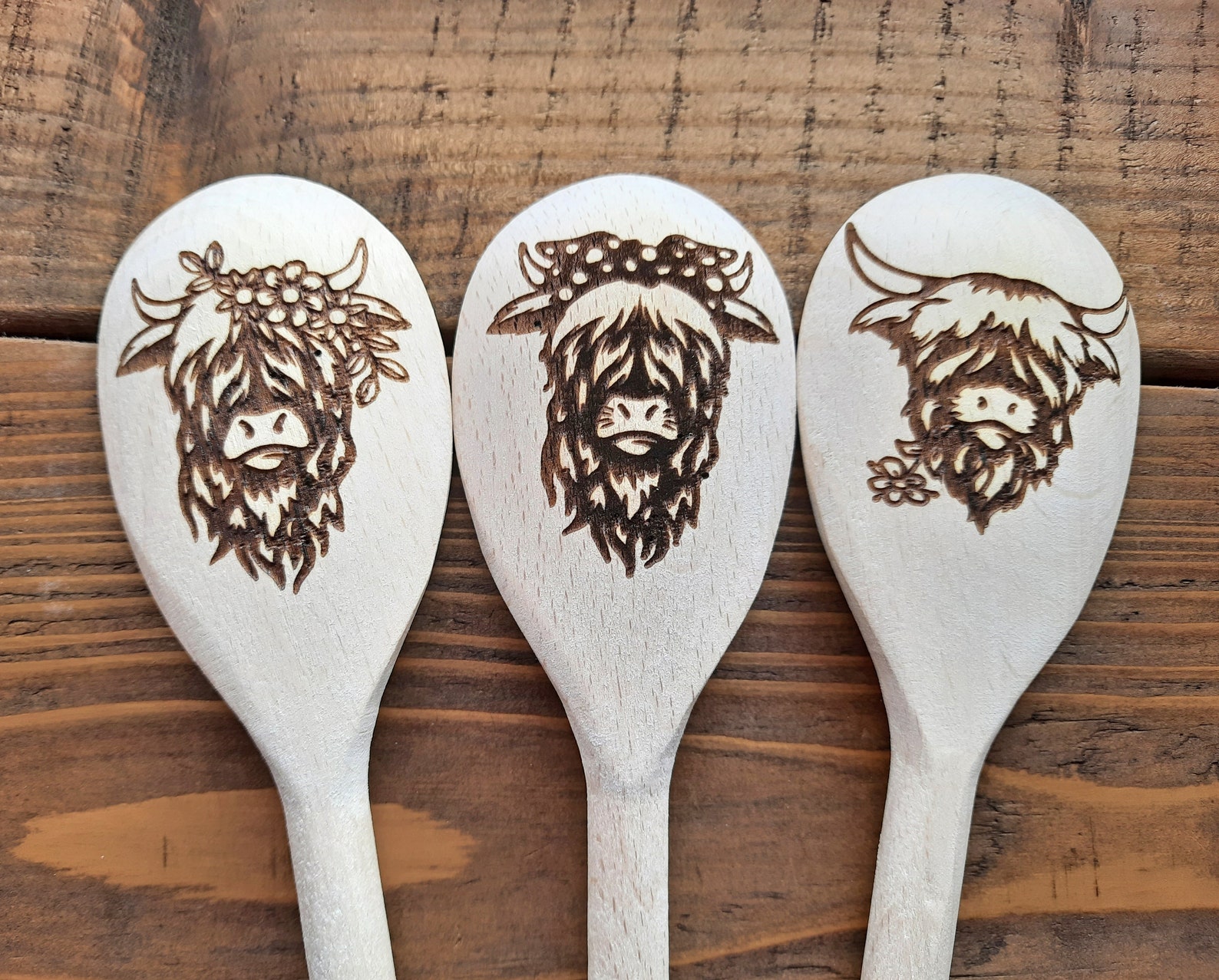 Highland Cow Wooden Mixing Spoon Cute Highland Coo Bull Laser Engraved ...
