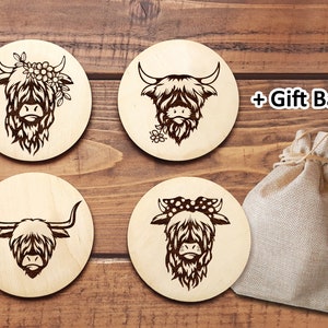 Highland Cow Coasters Set of 4 Individual Wooden Coasters Cute Highland ...