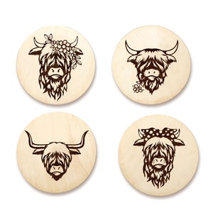 Highland Cow Coasters Set of 4 Individual Wooden Coasters Cute Highland ...