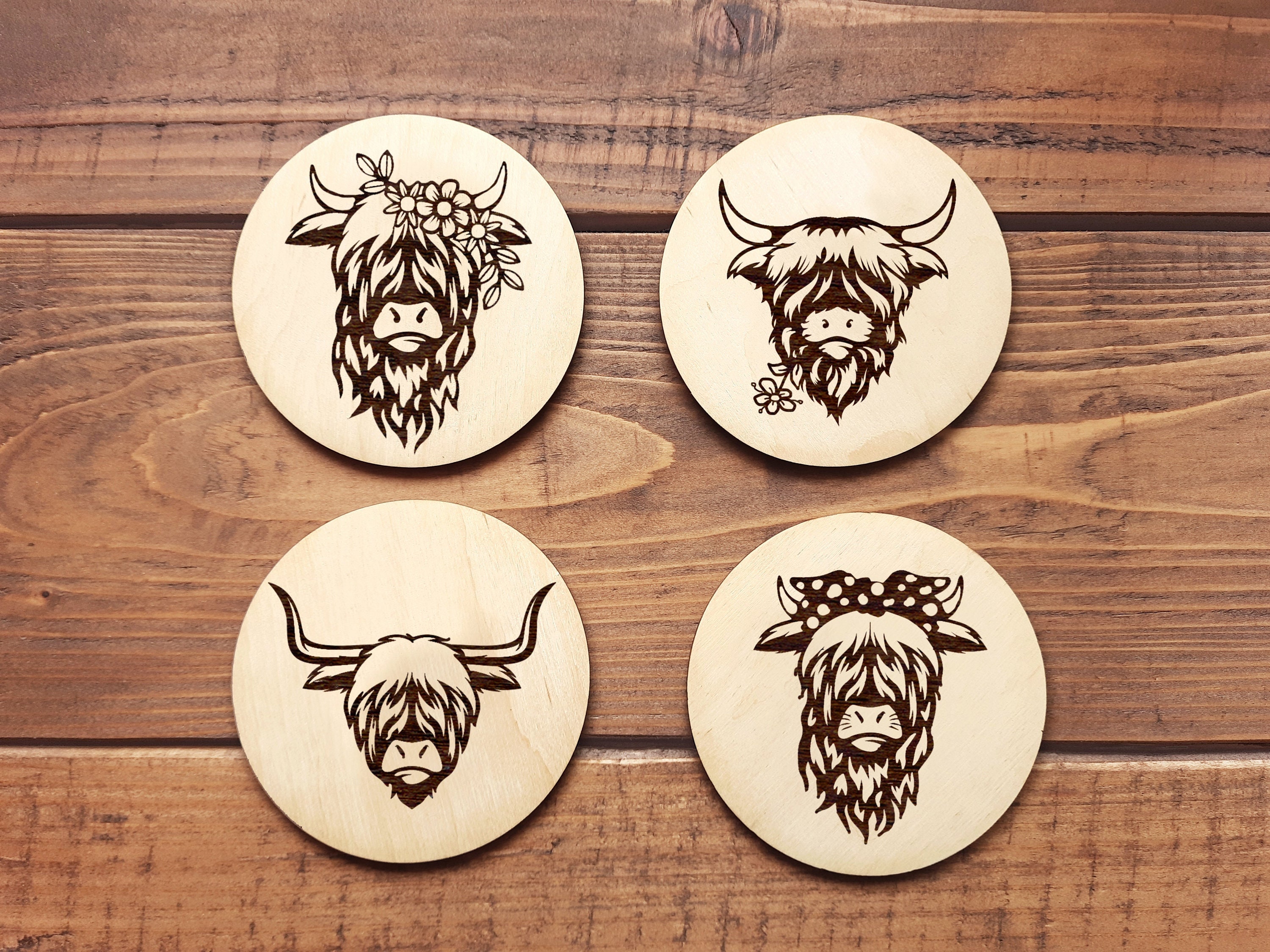 Highland Cow Coasters Set of 4 Individual Wooden Coasters Cute Highland ...