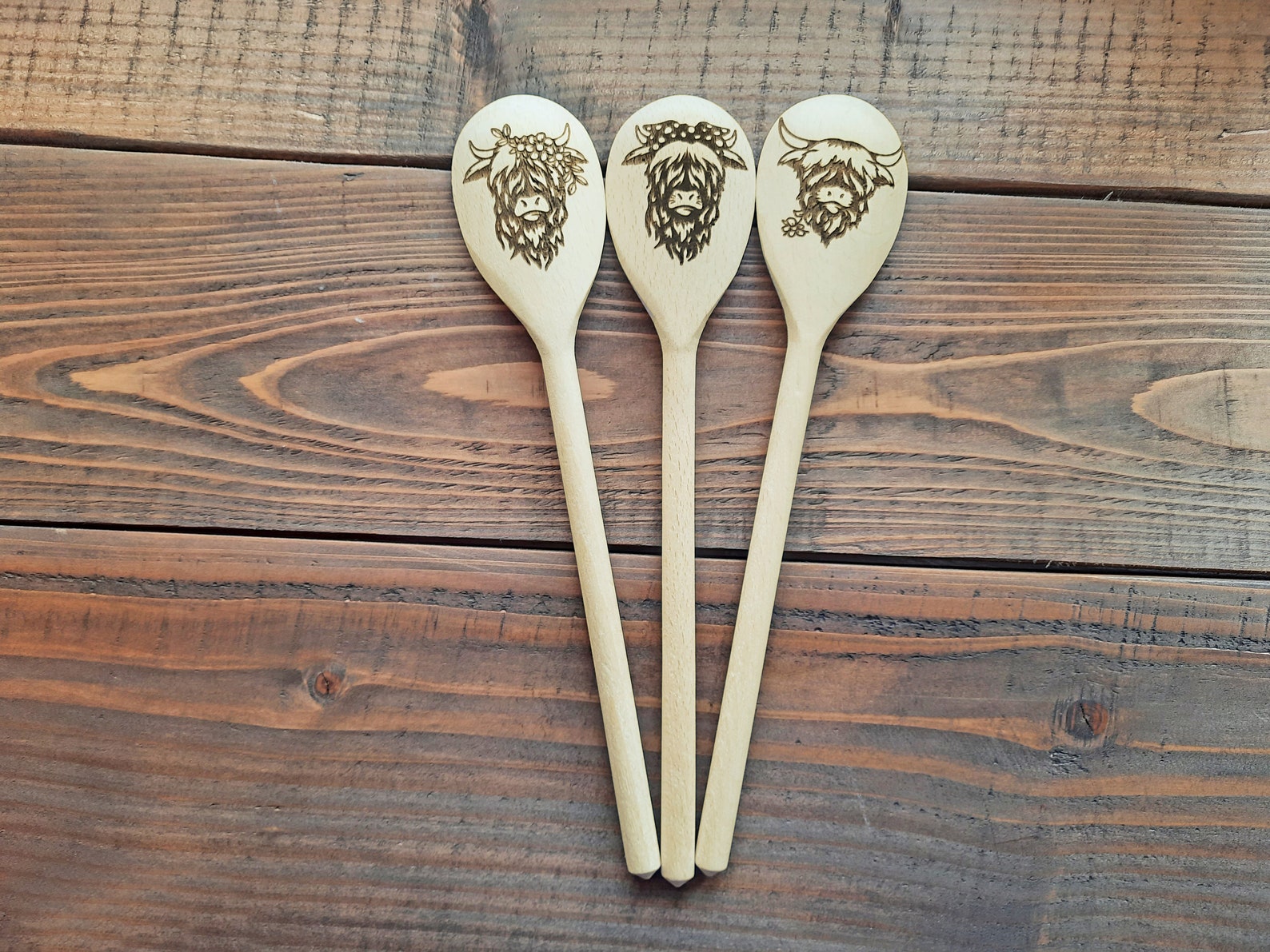 Highland Cow Wooden Mixing Spoon Cute Highland Coo Bull Laser Engraved ...