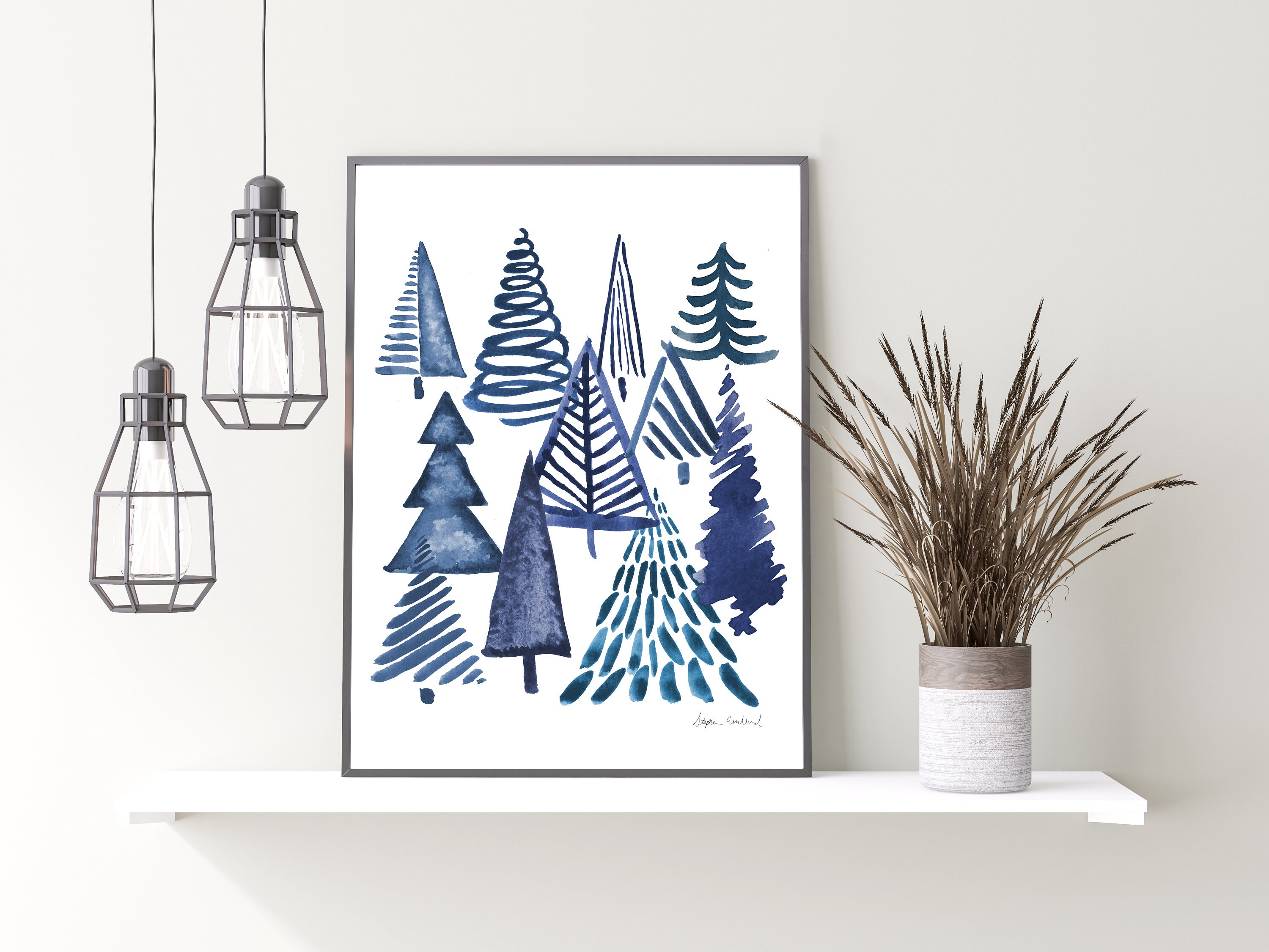 Modern Christmas Tree Print, Dark Blue Wall Art, Christmas Decor ...