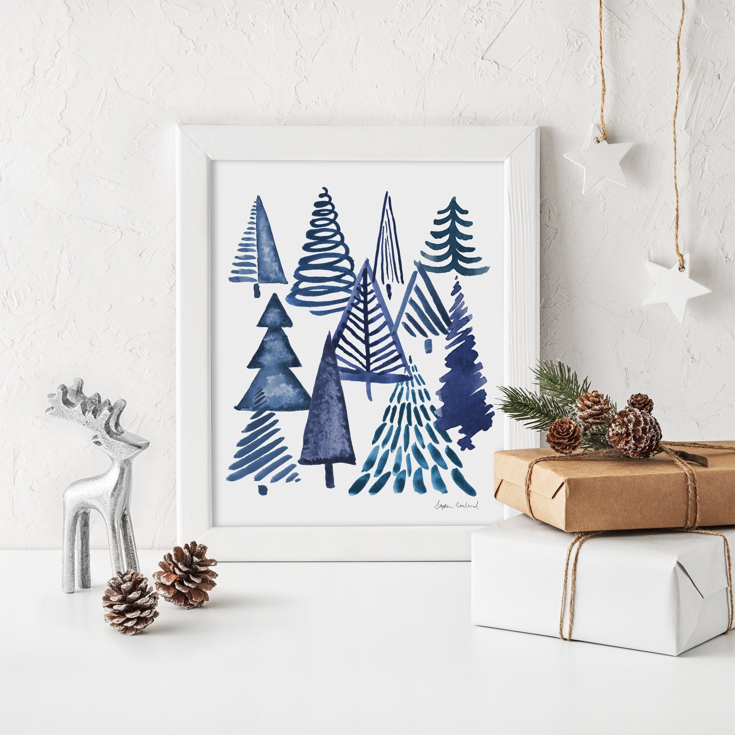 Modern Christmas Tree Print, Dark Blue Wall Art, Christmas Decor ...