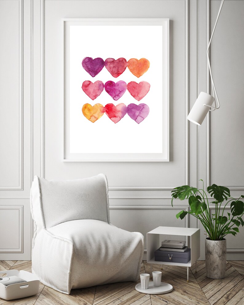 Watercolor Hearts Valentines Day Decor Heart Print Girls - Etsy