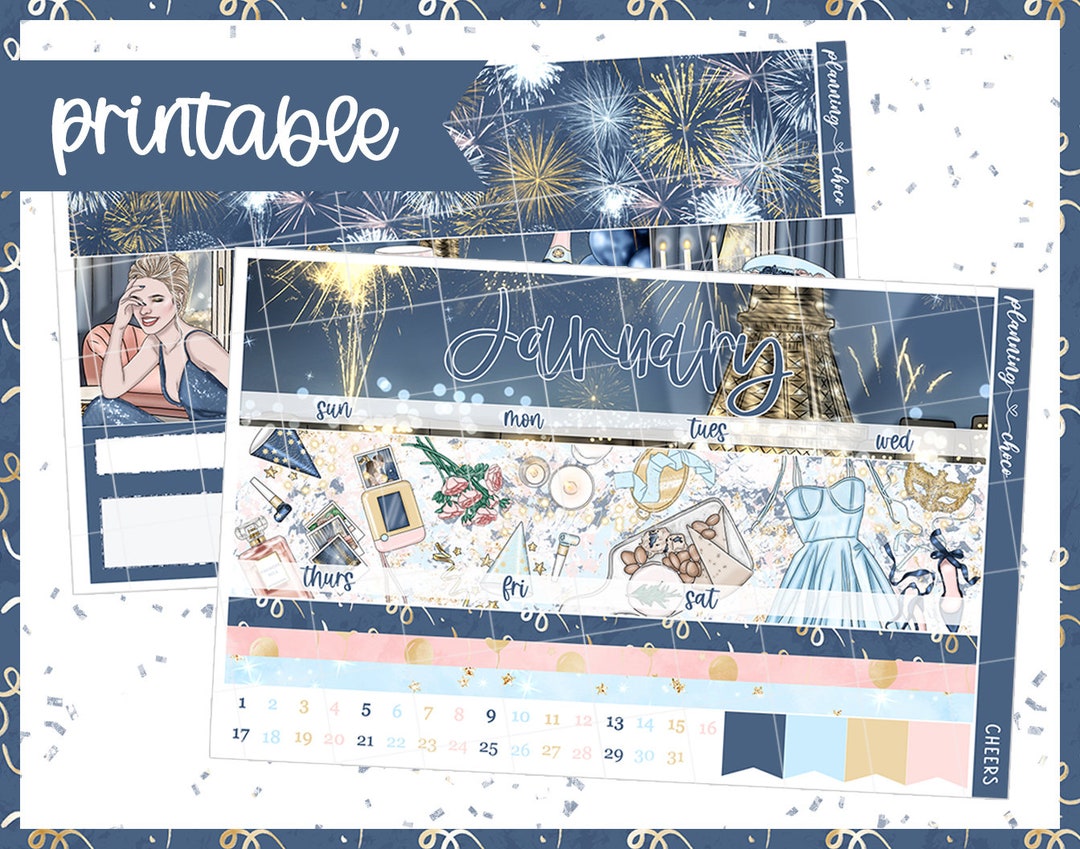 January Monthly Kit, Cheers : Printable Planner Stickers (PDF, PNG ...