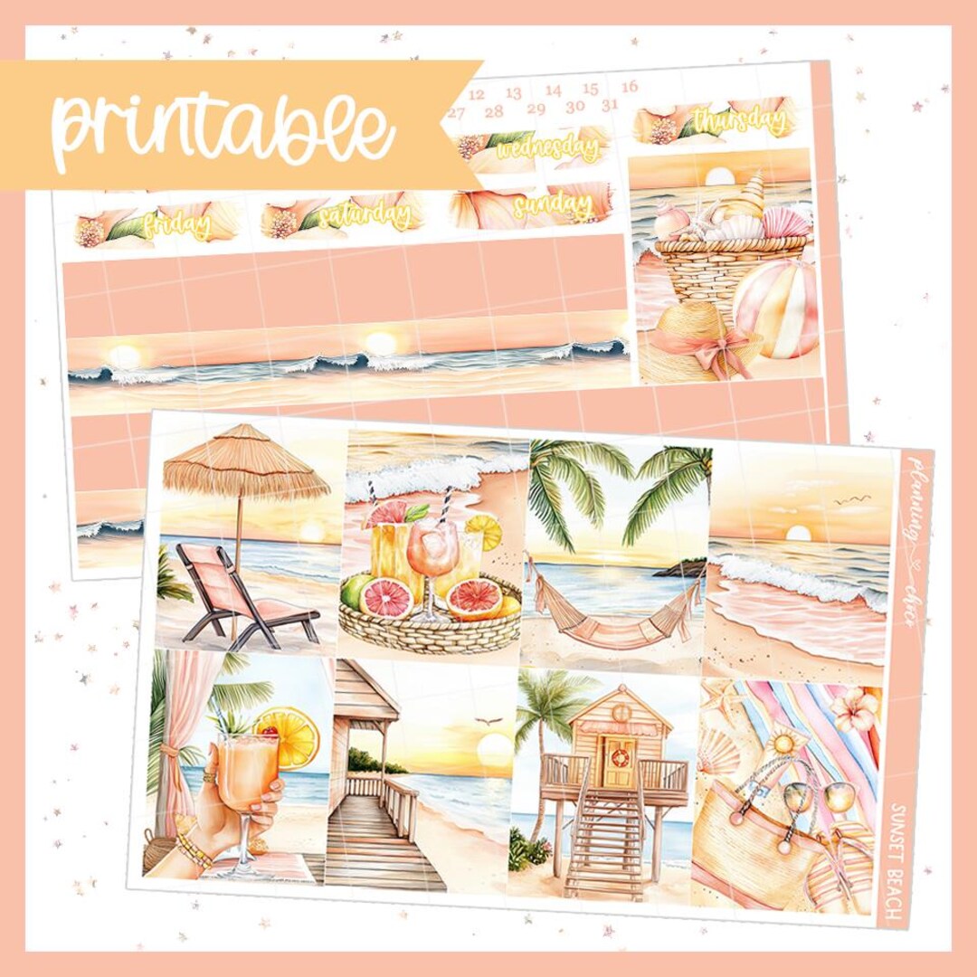 Sunset Beach Weekly Kit : Printable Planner Stickers (PDF, PNG ...