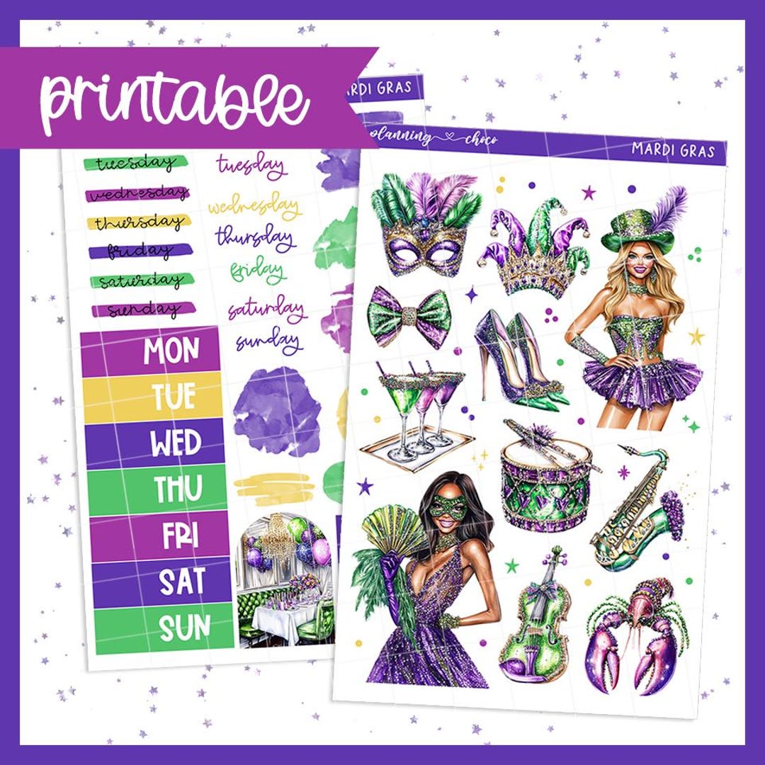 Mardi Gras Time Journaling Kit: Printable Planner Stickers (PDF, PNG ...