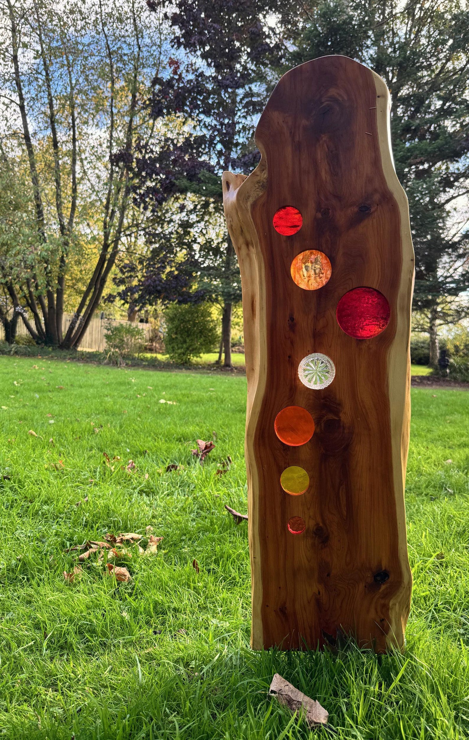 YEW Wood Garden Sculpture Art, Red Stained Glass, Reclaimed Live Edge ...