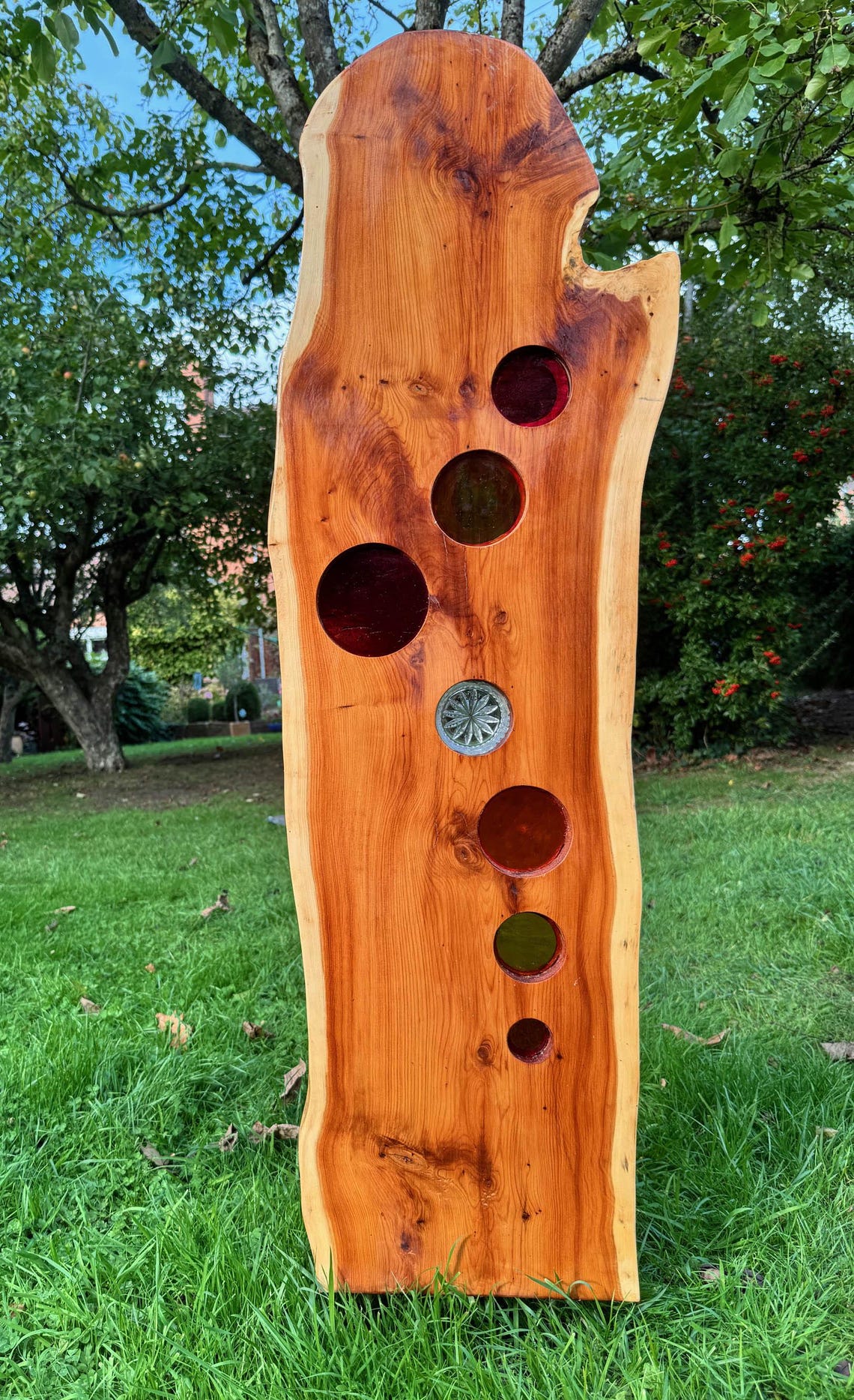 YEW Wood Garden Sculpture Art, Red Stained Glass, Reclaimed Live Edge ...