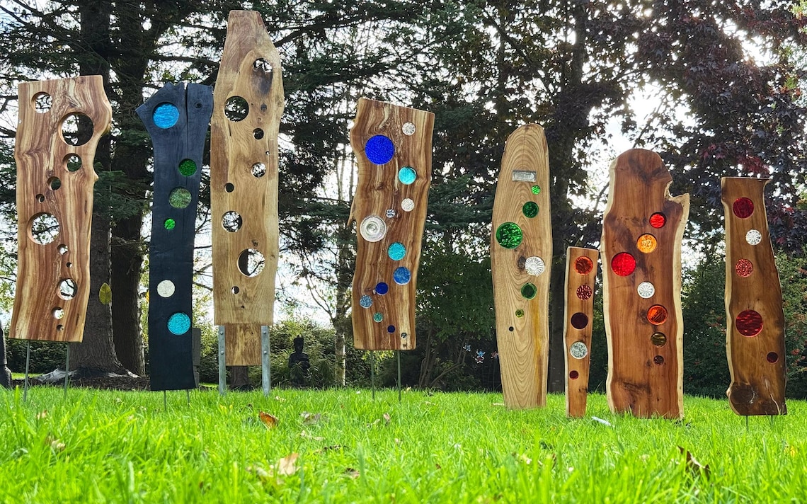 YEW Wood Garden Sculpture Art, Red Stained Glass, Reclaimed Live Edge ...