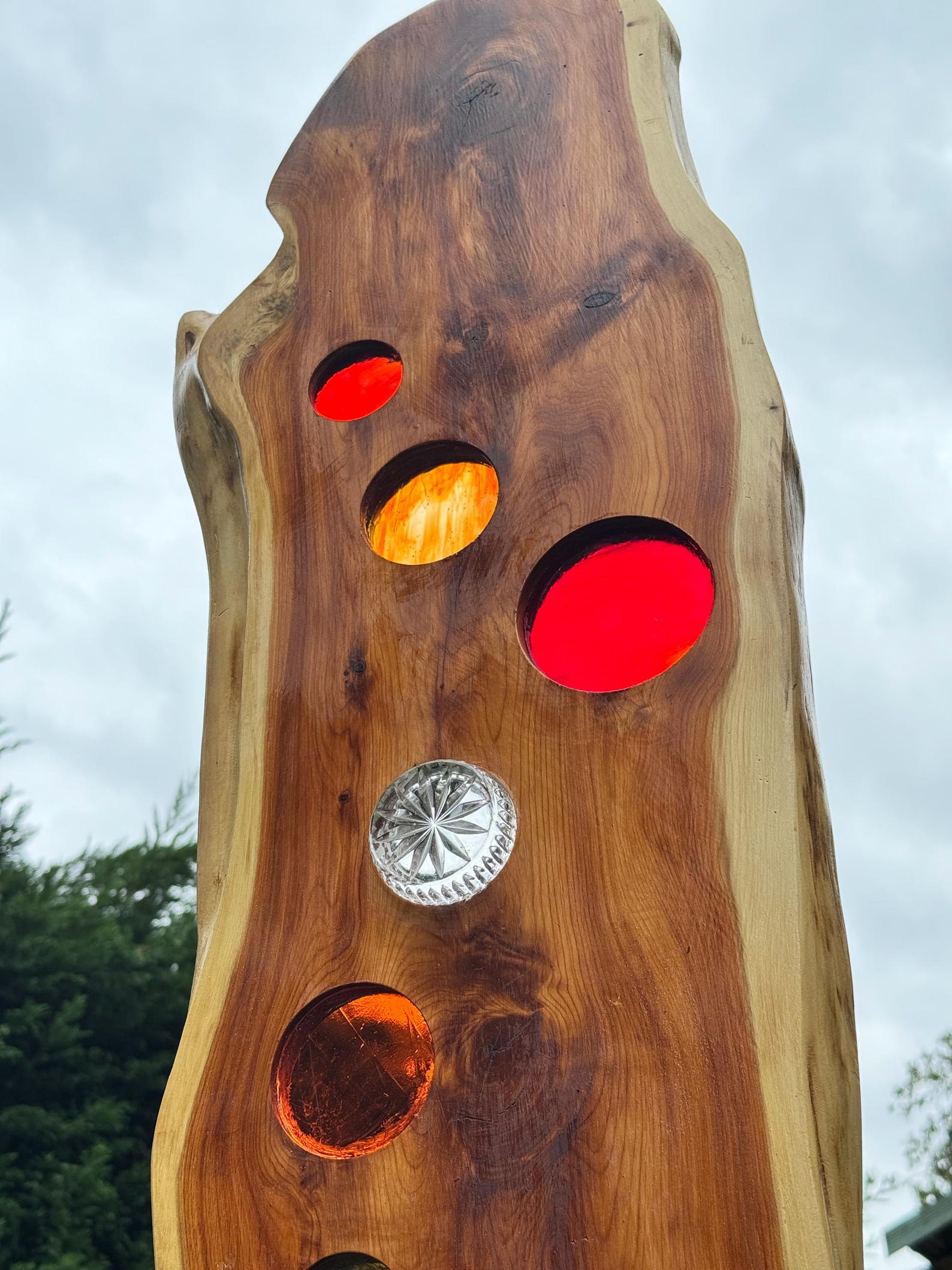 YEW Wood Garden Sculpture Art, Red Stained Glass, Reclaimed Live Edge ...