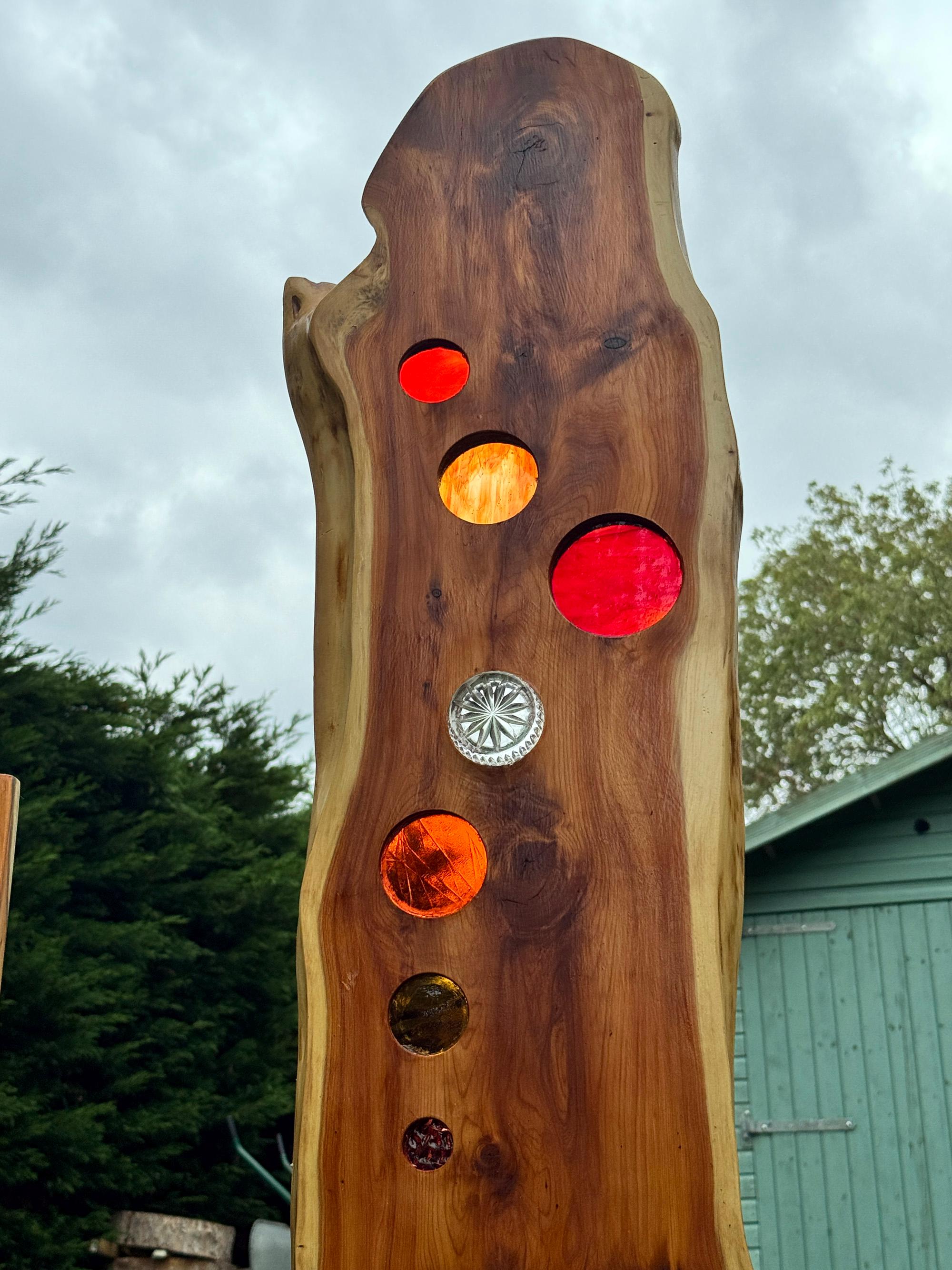 YEW Wood Garden Sculpture Art, Red Stained Glass, Reclaimed Live Edge ...