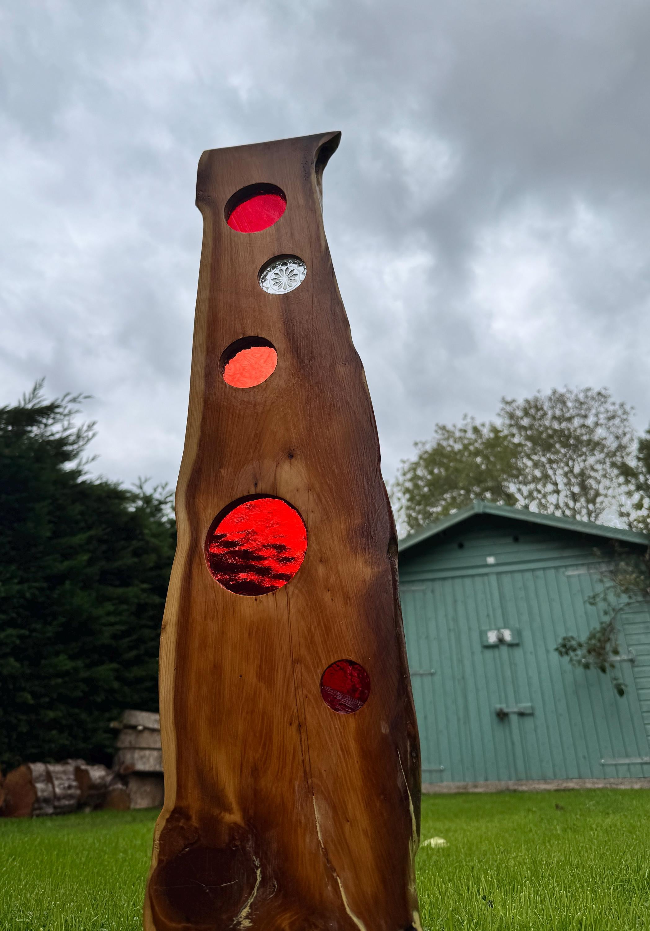 YEW Wood Garden Sculpture Art, Red Stained Glass, Reclaimed Live Edge ...