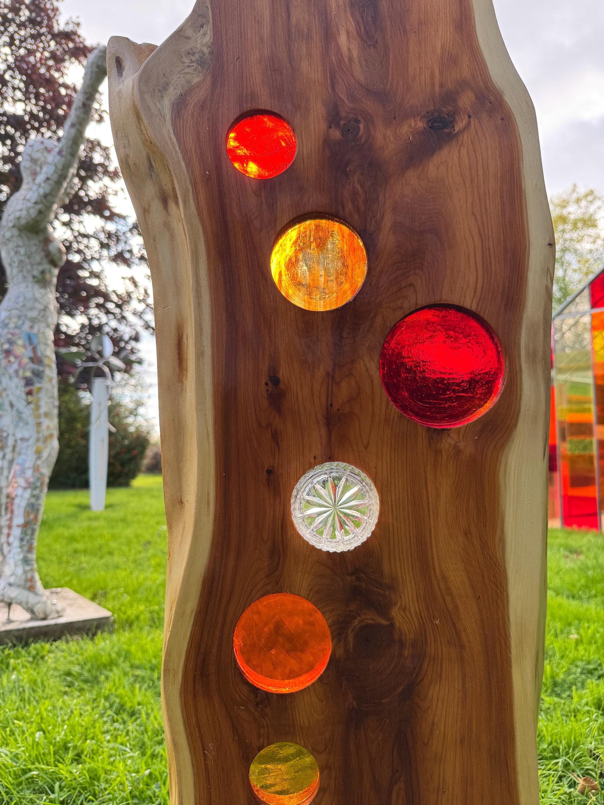YEW Wood Garden Sculpture Art, Red Stained Glass, Reclaimed Live Edge ...