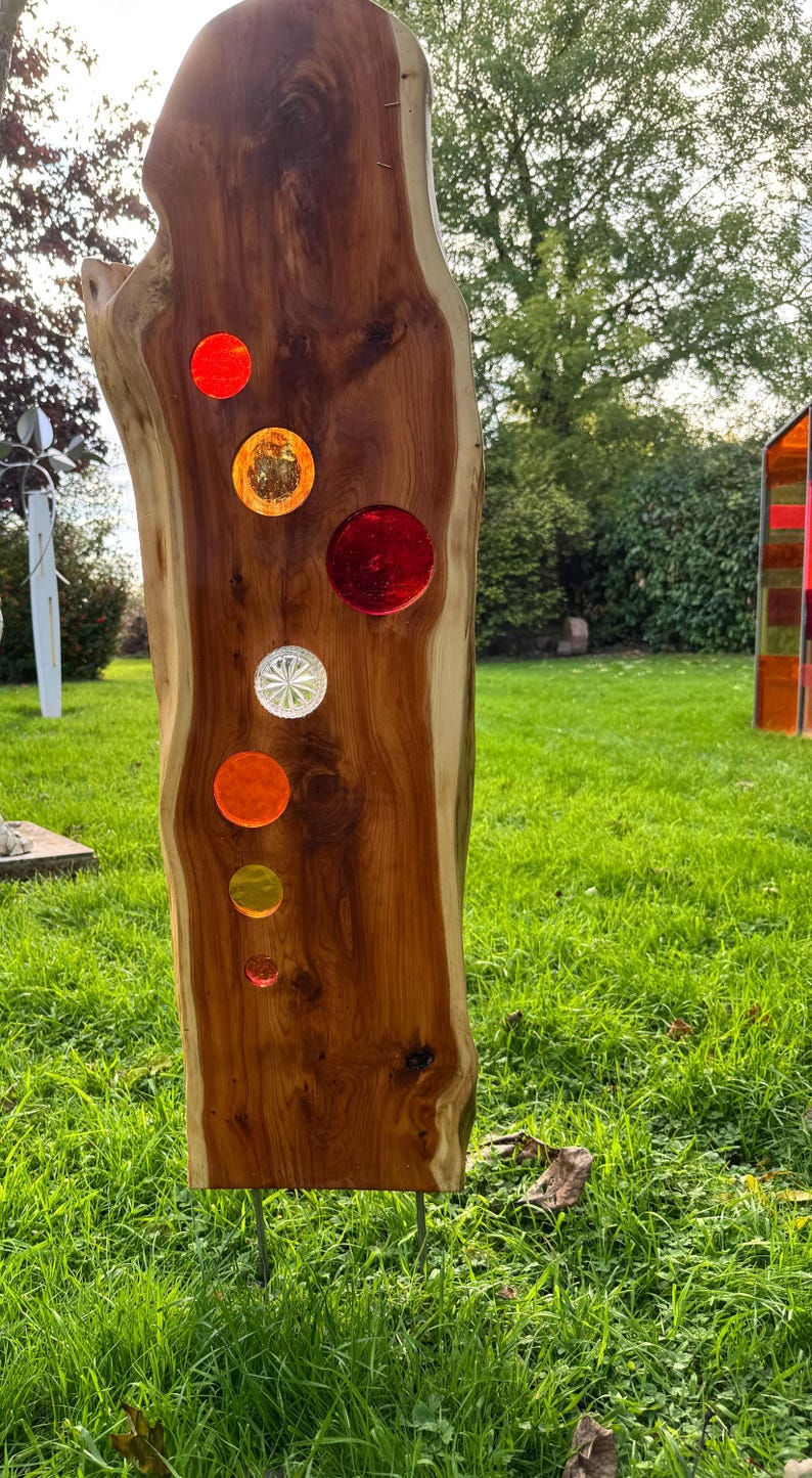 YEW Wood Garden Sculpture Art, Red Stained Glass, Reclaimed Live Edge ...