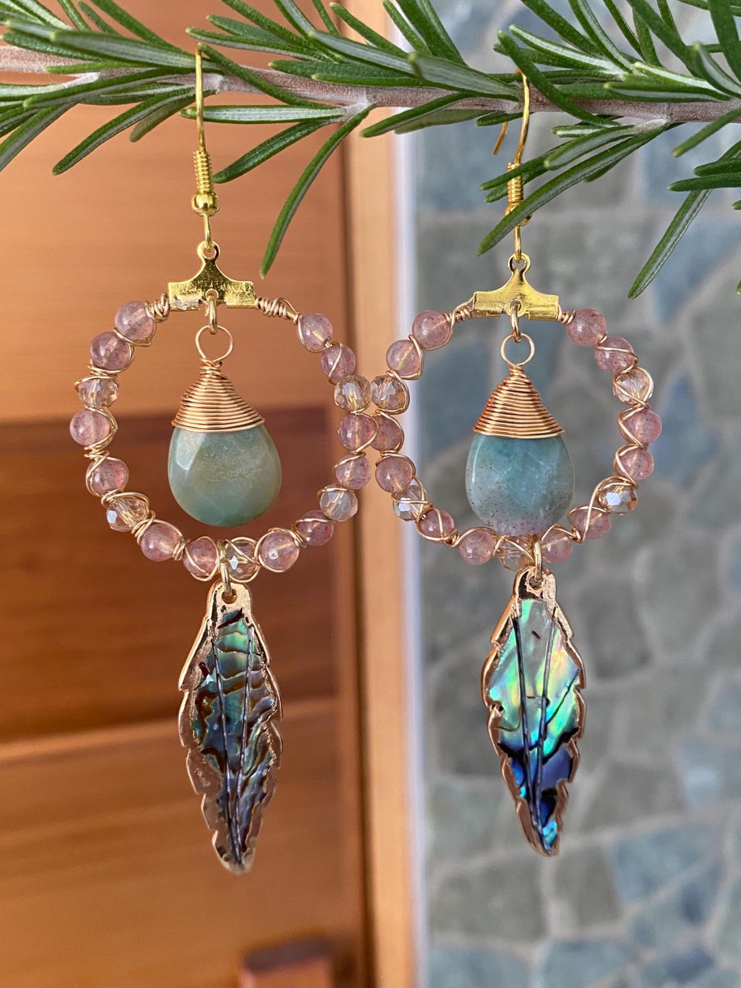 Strawberry Quartz, Abalone Leaves & Indian Agate Earrings | Wire ...