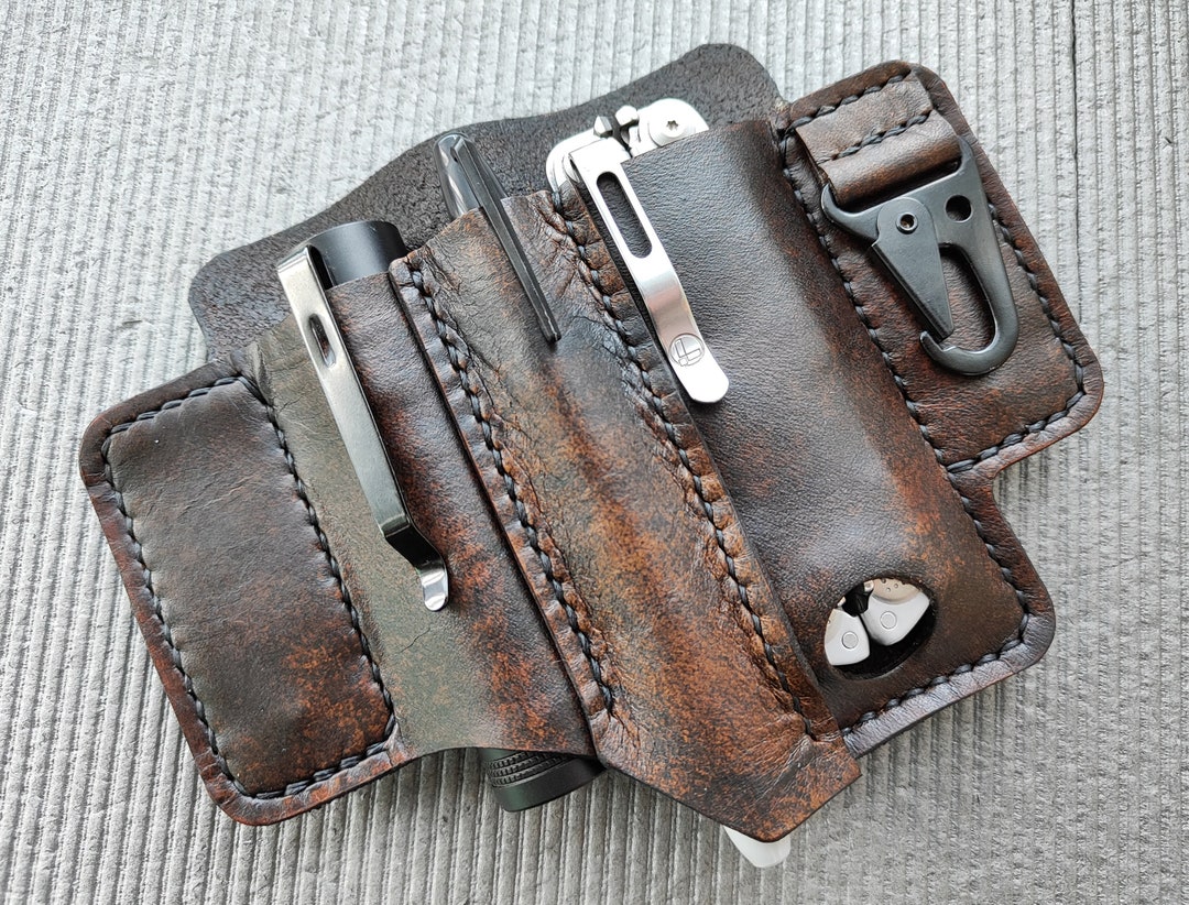 EDC Leather Pouch for Belt With Keychain. Pouch for Leatherman Multitool, Flashlight, Pen ...