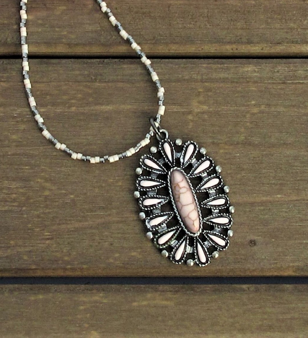 Oval Pink and Silver Concho Pendant | 18" Hand-beaded Necklace ...