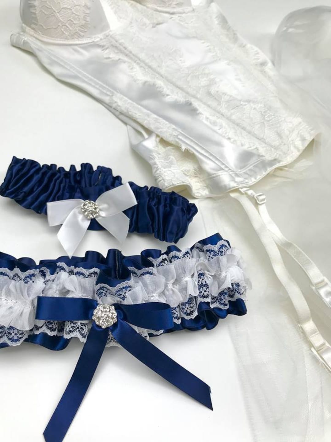 Navy Blue Garter 2 Pieces Set, White Lace and Diamante Detail, Bridal ...