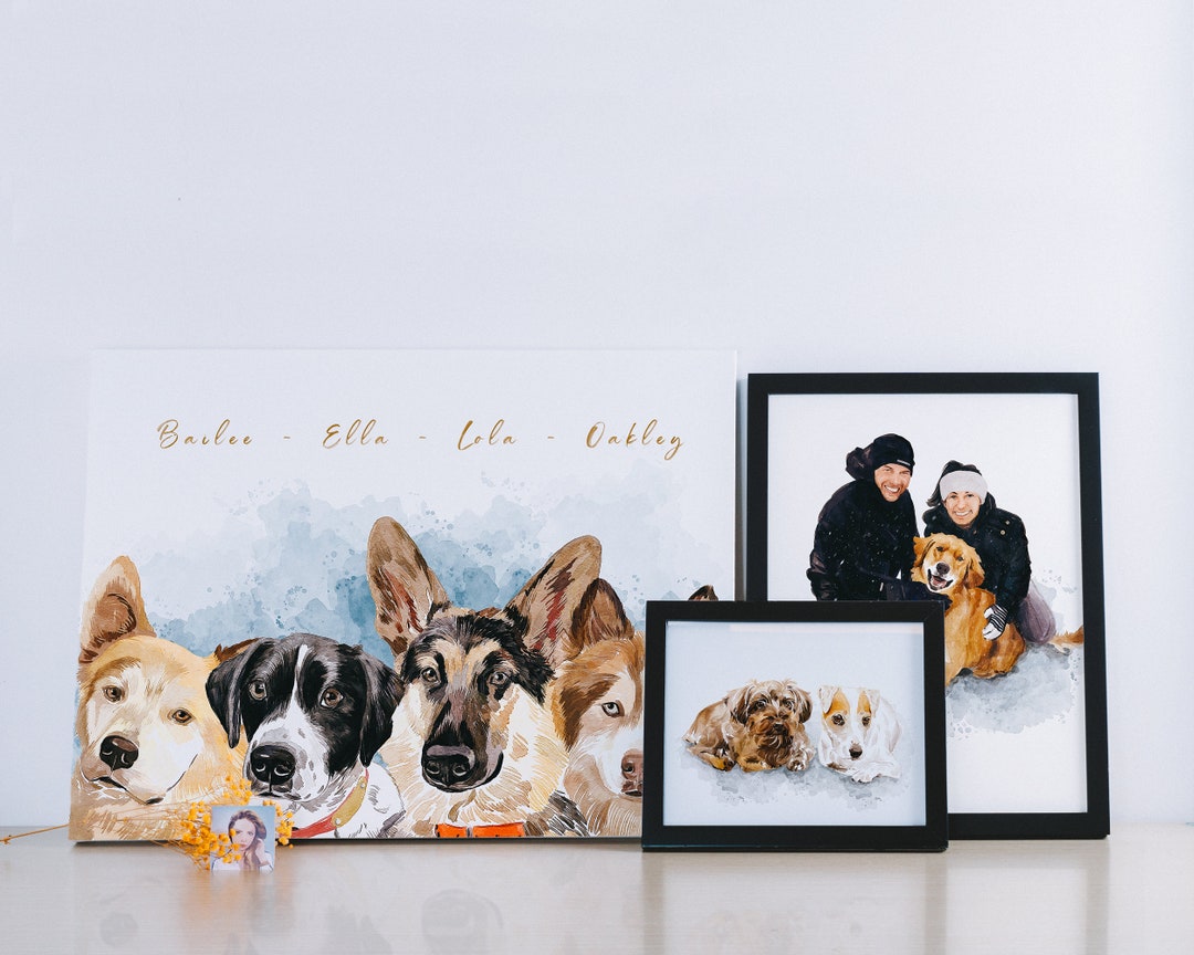 Two Dog Portrait Custom, Multiple Pet Watercolor Portrait, Custom Dog ...