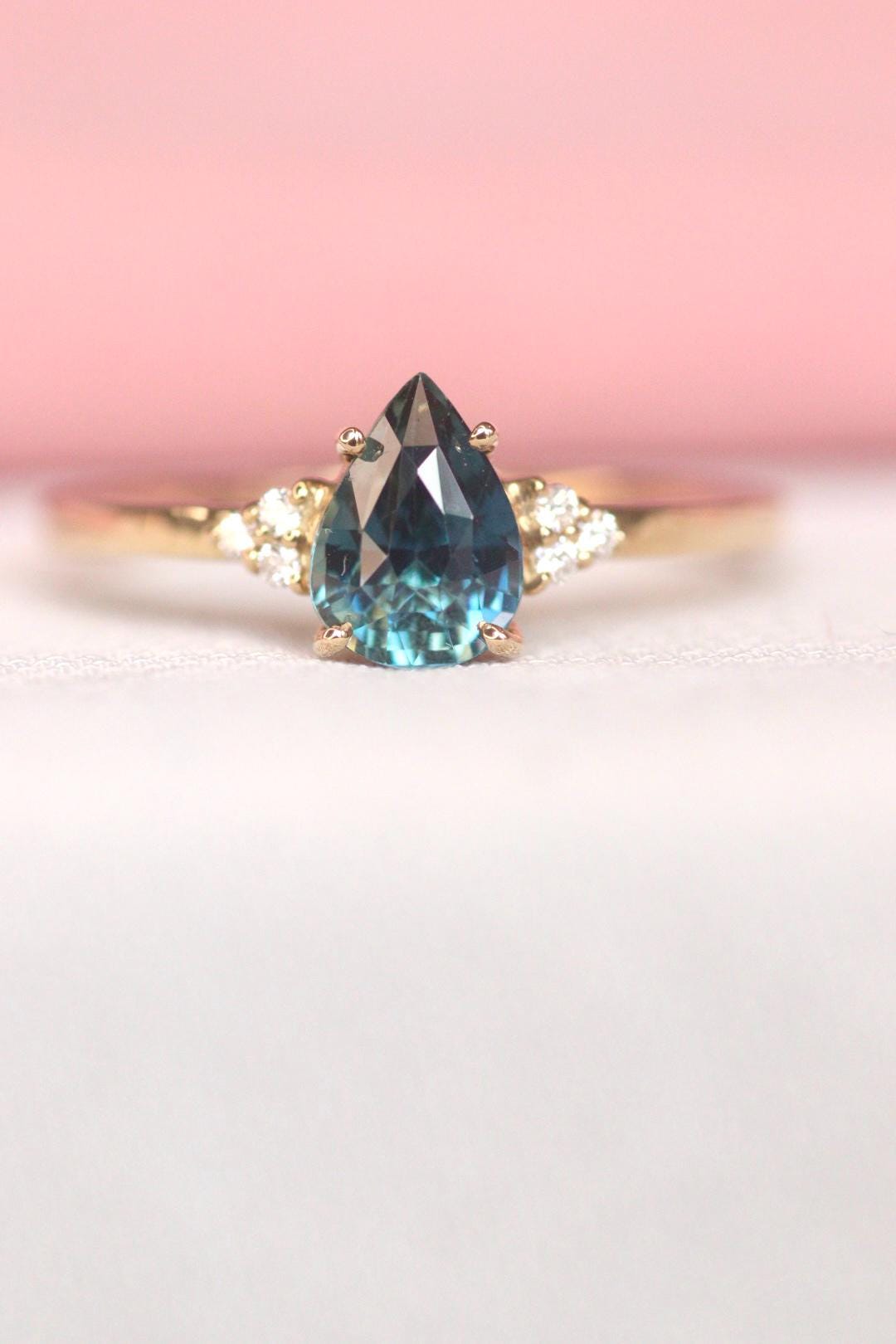 Sold Pear Teal Sapphire Ring, Teal Blue Sapphire Engagement Ring, Teal ...