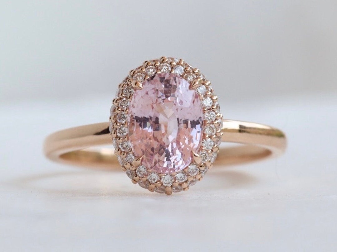 Peach Sapphire Engagement Ring, Double Halo Peach Diamond Ring 14k Rose ...