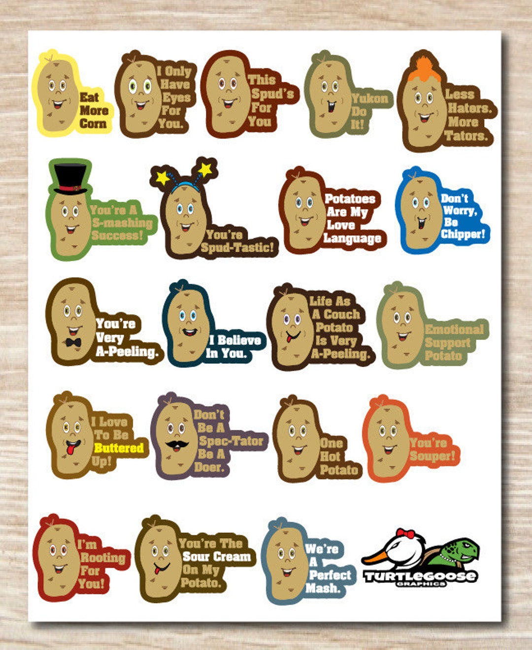 Positive Potato Puns Laminated Sticker Sheet - 20 Stickers Contour Cut ...