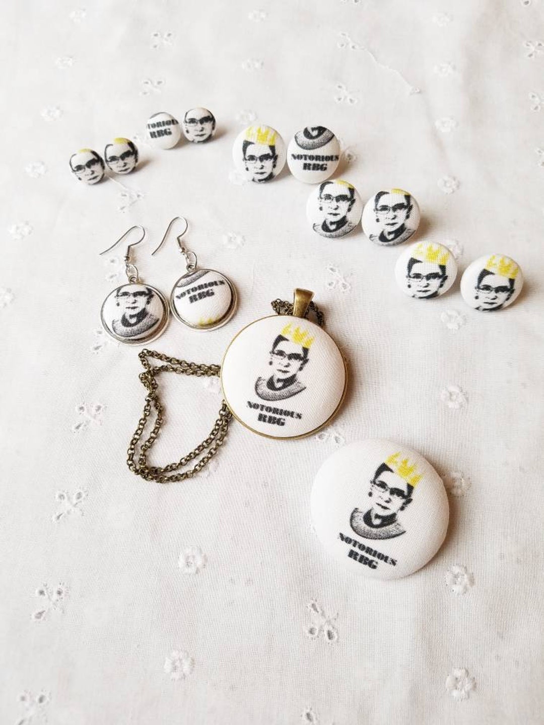 RBG Fabric Button Jewelry: Earrings, Necklace, Pin - Etsy