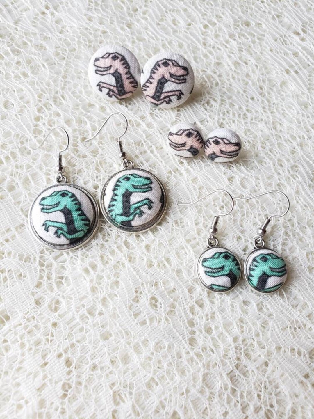 T-rex Earrings Trex Fabric Button Earrings Dinosaur - Etsy