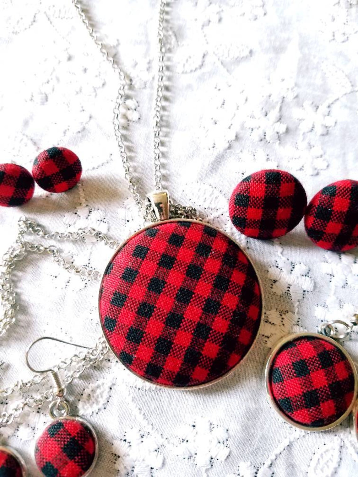 Buffalo Check Jewelry Set: Red Black Plaid Necklace & Earrings - Etsy