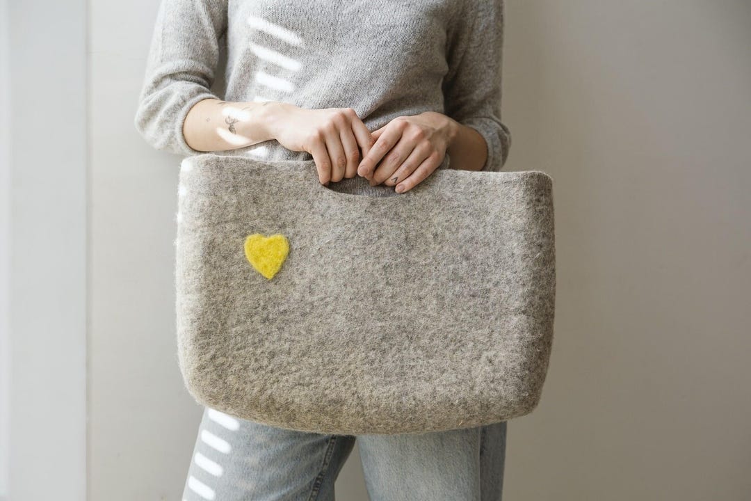 Large Wool Felt Tote Bag, Minimalist Eco Friendly Carryall, Pompom ...
