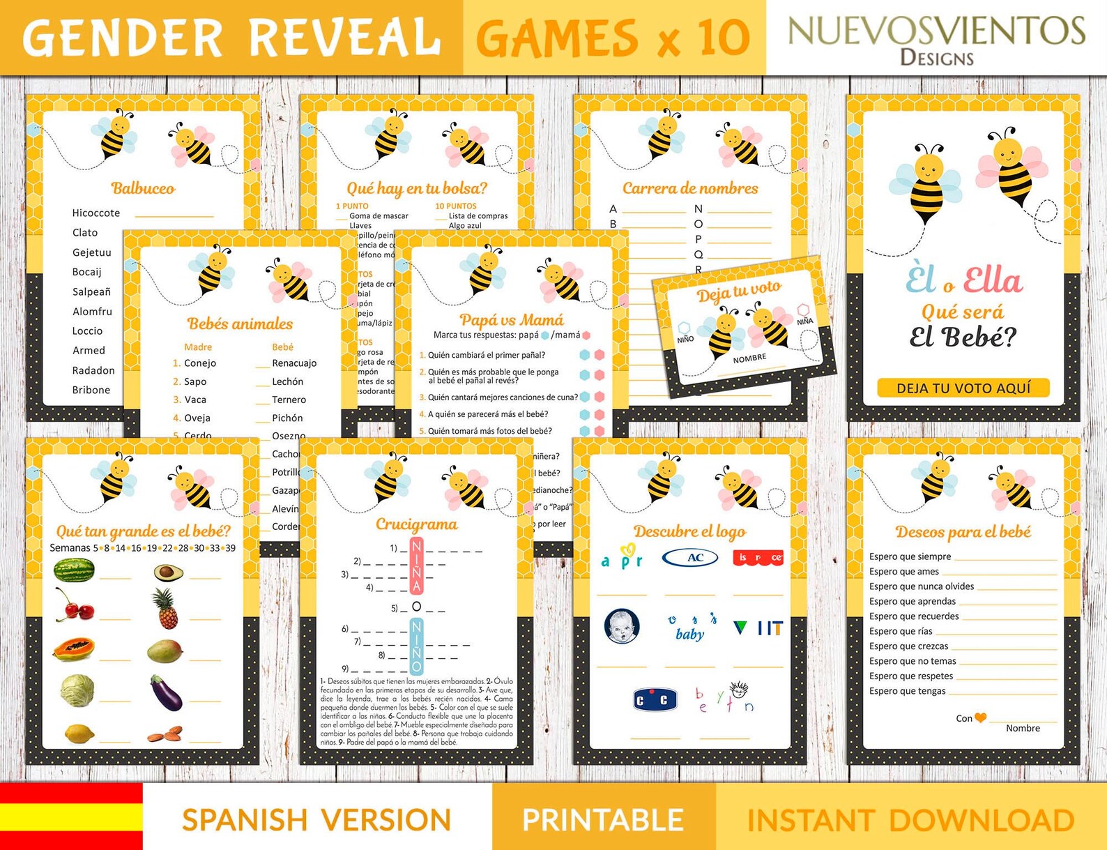 SPANISH Bee Gender Reveal Printable Games Instant Download - Etsy