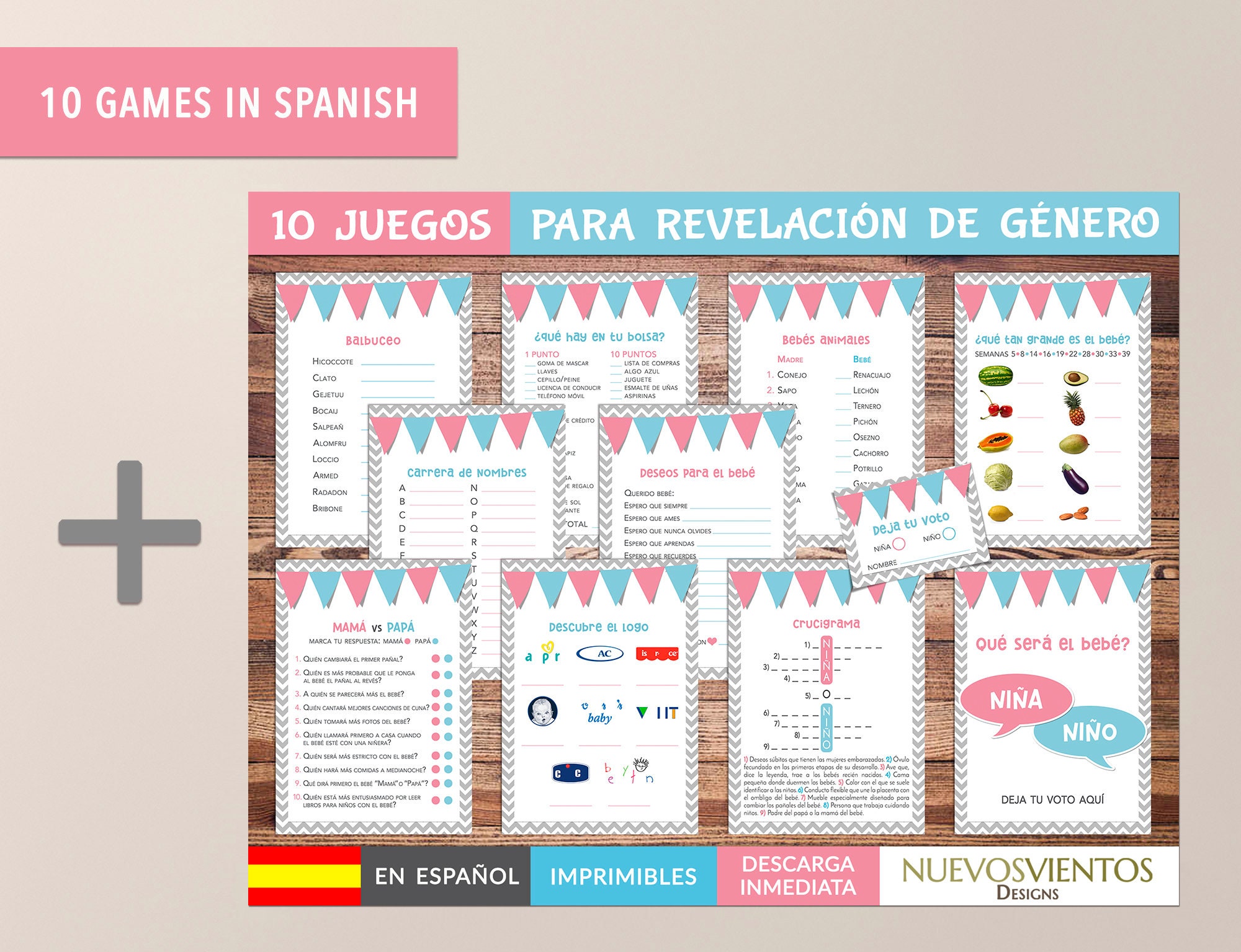 Printable Gender Reveal Games Spanish and English - Bilingual Gender ...