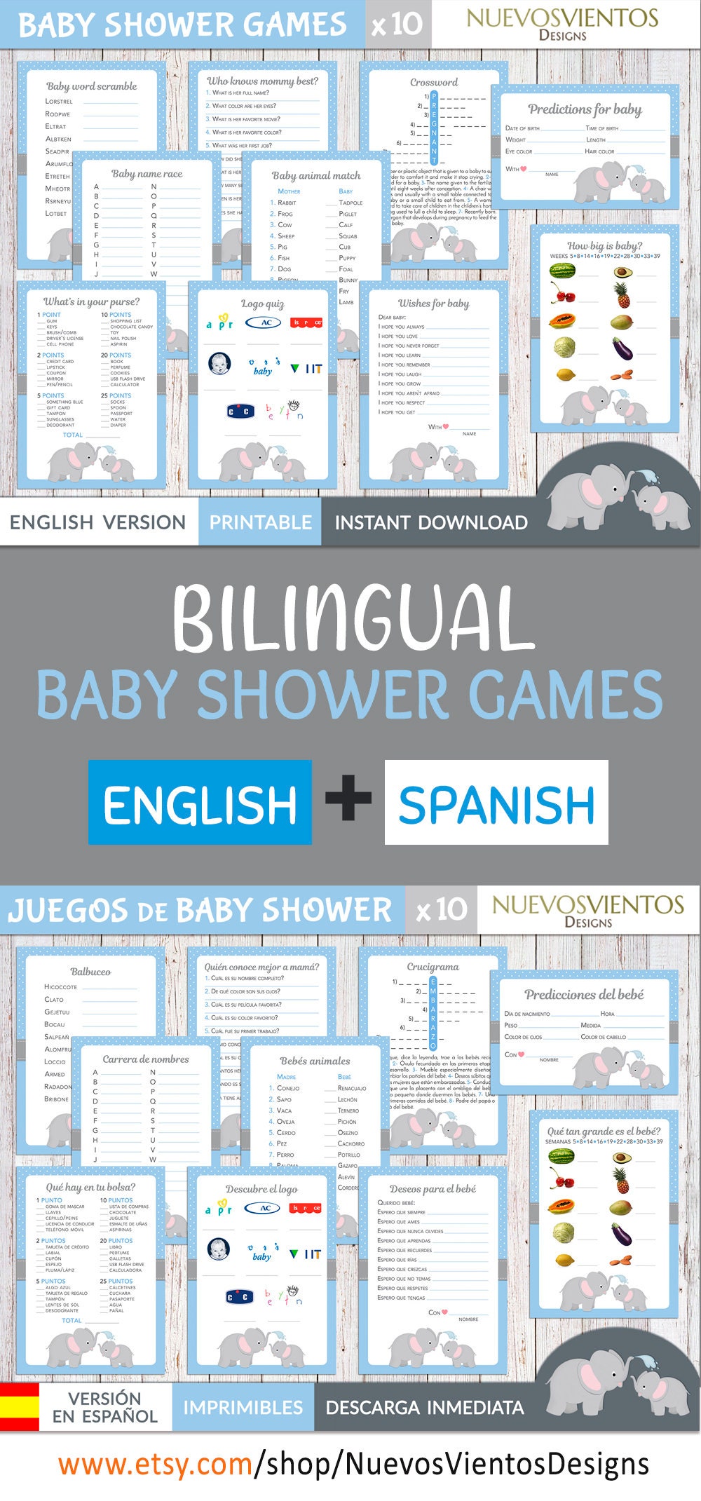 BILINGUAL Baby Shower: 10 Elephant Baby Shower Games in Spanish + 10 ...