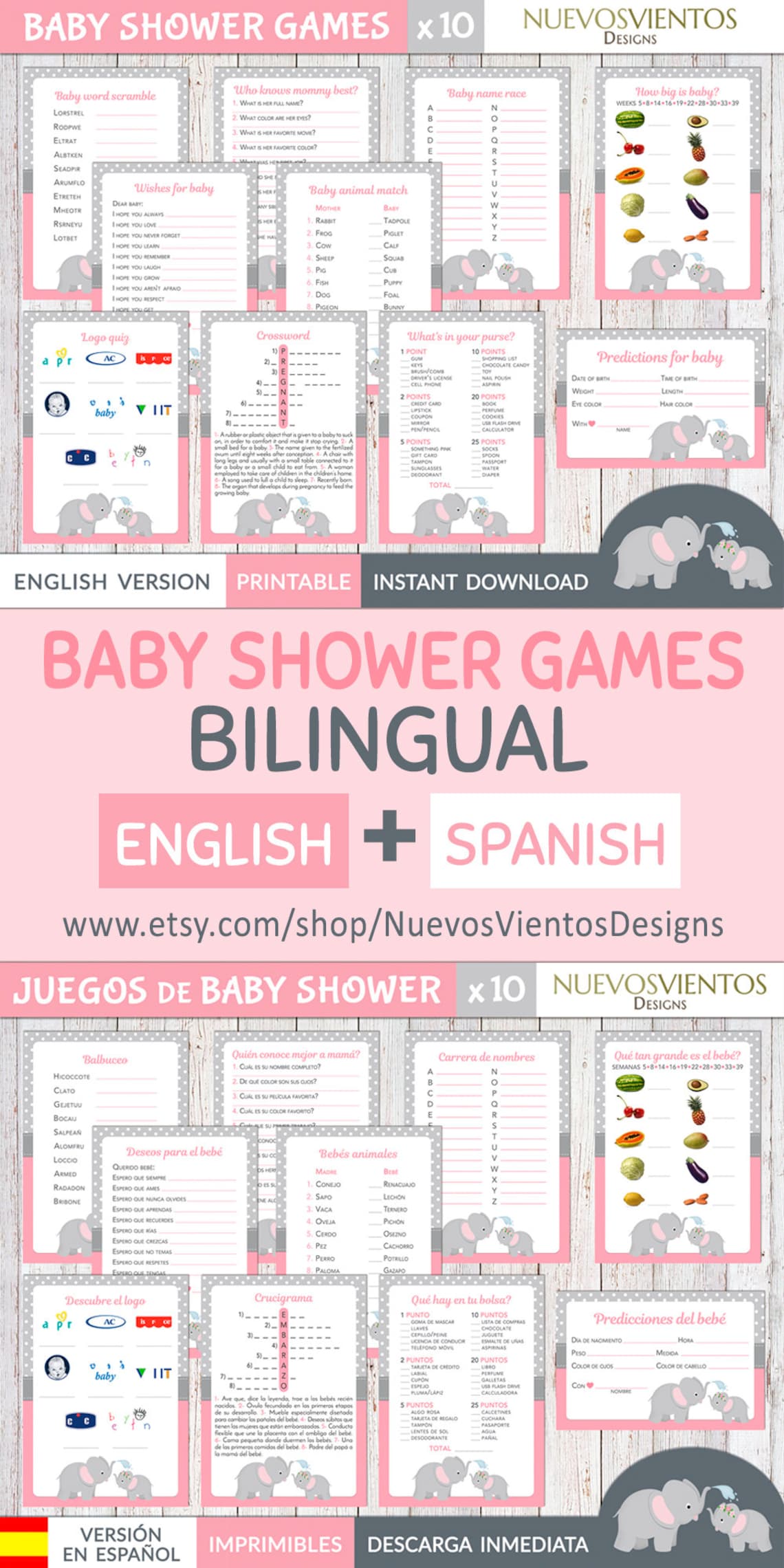 Elephant BILINGUAL Baby Shower Games in Spanish and English, Bilingual ...