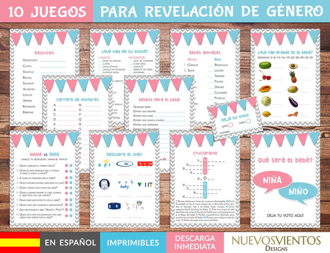 10 Gender Reveal Party Games in SPANISH Printable - Sex Reveal Game Set ...