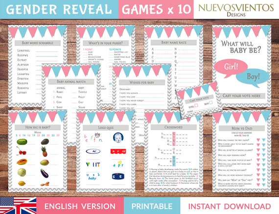 Printable gender reveal games pink and blue, gender party game set ...