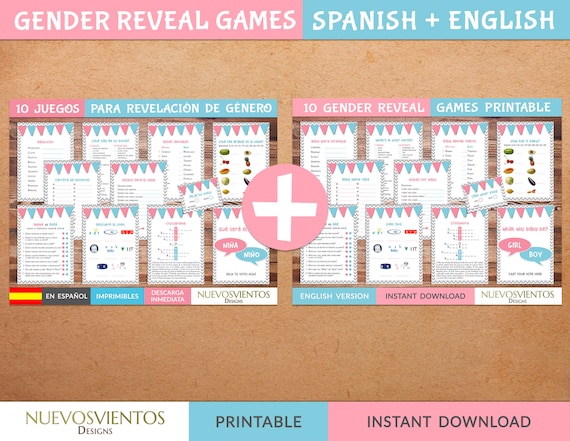2 Gender reveal bundles printable, 10 gender reveal games in Spanish ...